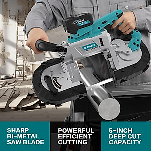 ONEMANA 5 inch Cordless BandSaw，20V Cutting Capacity Brushless Metal Band Saw,Not Hot Sparks, Portable BandSaw for Deep Cut with 6 Speeds Adjustable（ Battery Included）