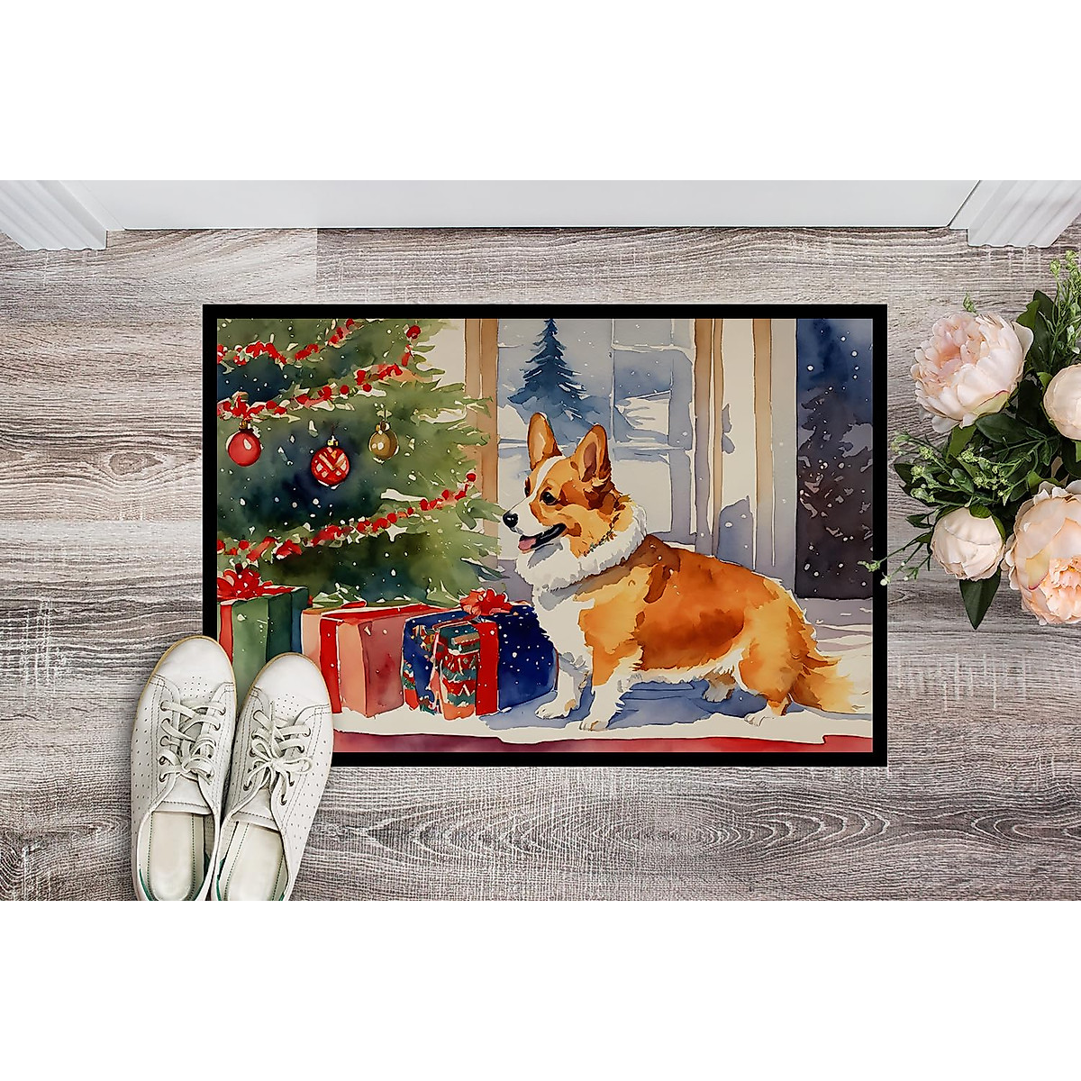 Caroline's Treasures DAC2638JMAT Corgi Cozy Christmas Doormat Front Door Mat Indoor Outdoor Rugs for Entryway, Non Slip Washable Low Pile, 24H X 36W