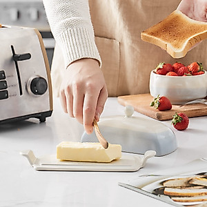 DOWAN Butter Dish, Ceramic Butter Keeper for Countertop, 8.6 inch Butter Holder with Handle Cover, for Home Kitchen Decor, Butter Container Perfect for East West Coast Butter, Light Blue & White