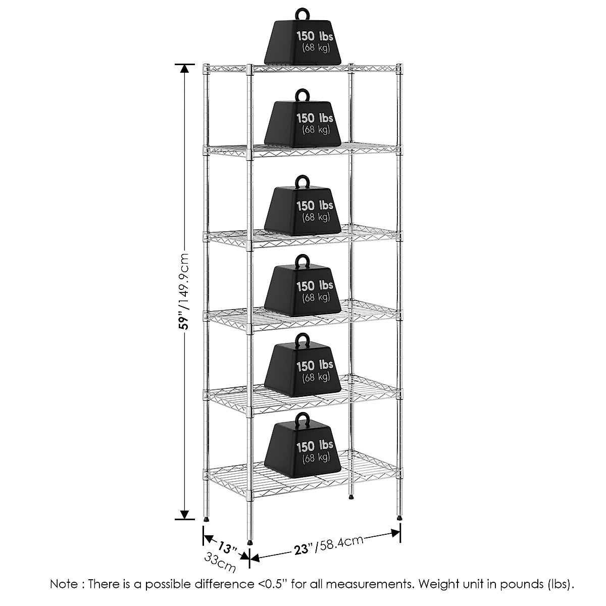 Furinno Wayar Metal Storage Shelf Rack, 6-Tier, 23 x 13 x 59, Stainless Steel