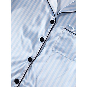 LYANER Women's Striped Silky Satin Pajamas Short Sleeve Top with Shorts Sleepwear PJ Set Light Blue Small
