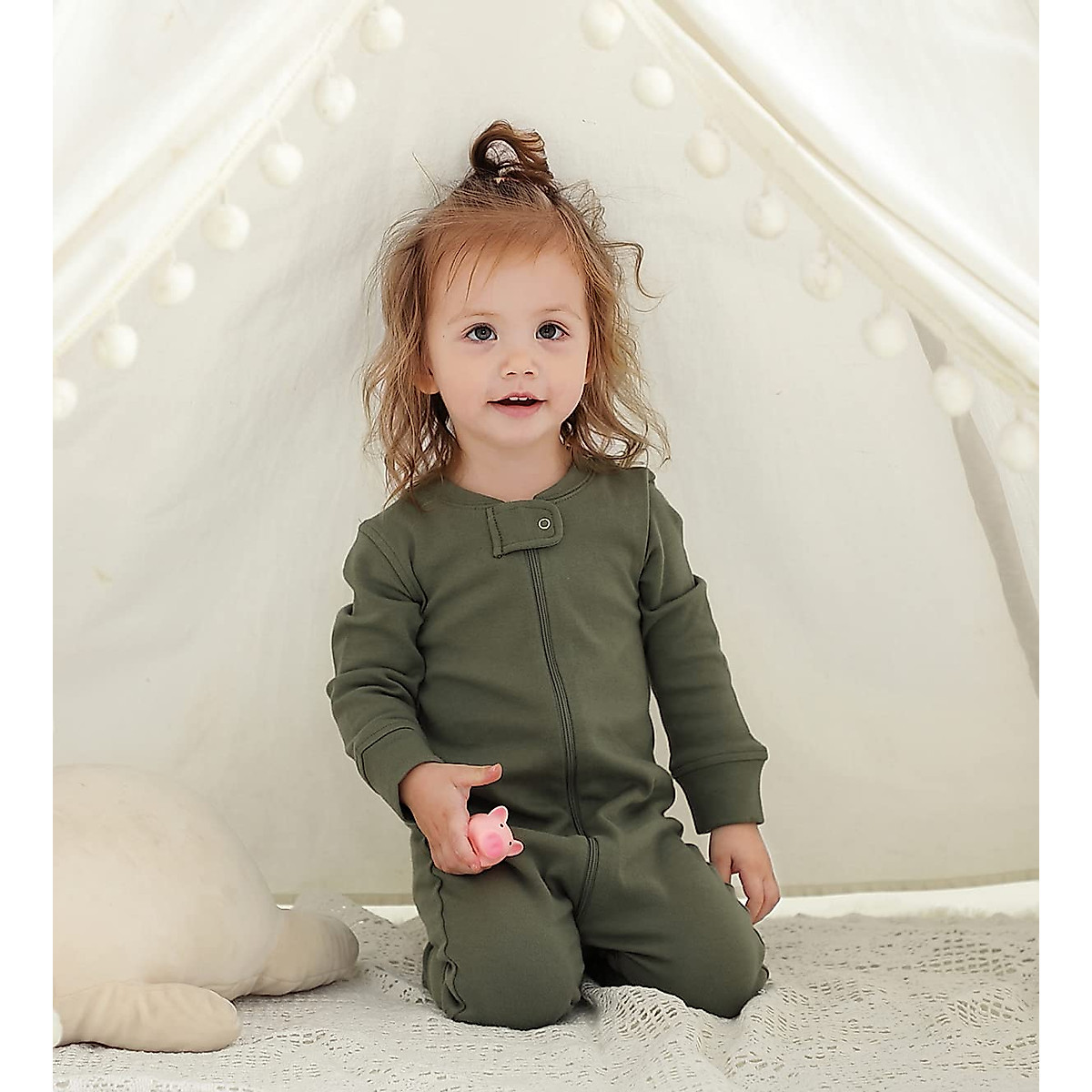 Owlivia Organic Cotton Baby Boy Girl Zip up Sleep N Play, Footless, Long Sleeve(12-18 Months, Dark Grey Melange & Olive Green)