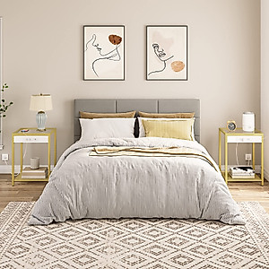 HOOBRO Side Table with Charging Station, Set of 2 End Tables with USB Ports, Nightstand for Tight Spaces, Tempered Glass, Modern Metal Frame, for Office, Bedroom, Living Room, Gold GD76UBZP201