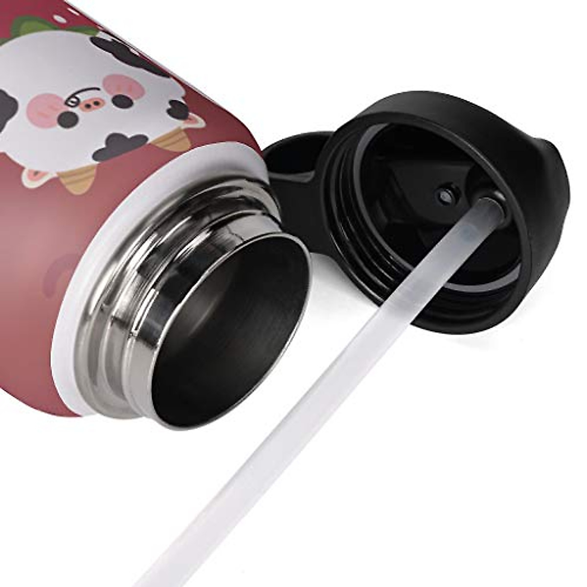 EmroyouYi Strawberry Cow Stainless Steel Sports Water Bottle with Straw Lid Insulated Thermo Mug Gifts for Friends white 32oz