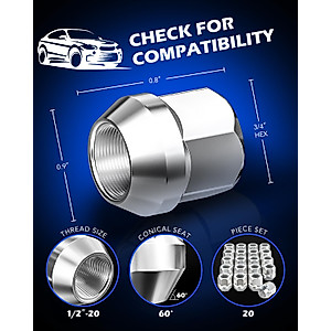 Orion Motor Tech 1/2"-20 Open End Lug Nuts, 3/4" 19mm Hex 0.84x0.9 in. Chrome Plated Wheel Lug Nuts Compatible with Dodge Dakota Ramcharger Ford Bronco Explorer F-150 Jeep Wrangler, Set of 20