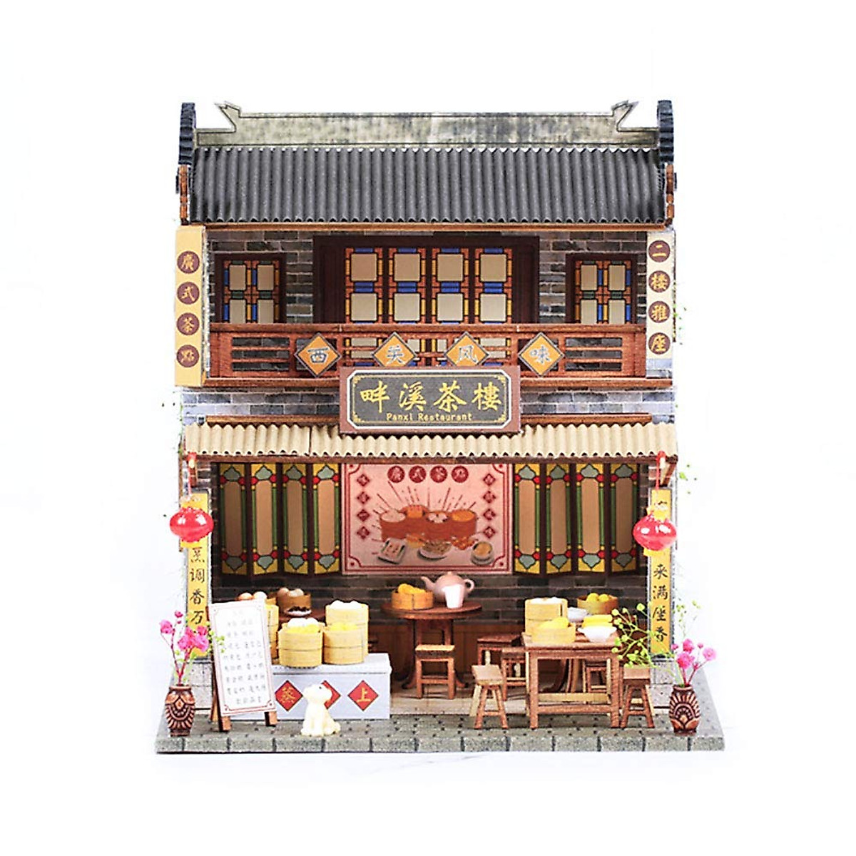 WYD DIY Chinese DIY Doll House Ancient Architecture Handmade Mini Wooden House Miniature Dollhouse Furniture Set Children Toys New Year Birthday Wedding Gift (Panxi Tea House)