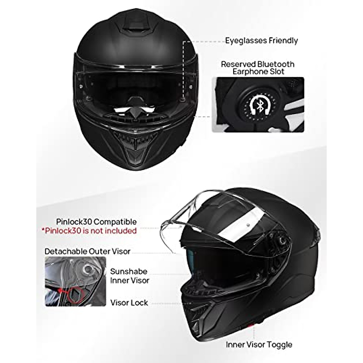 ILM Full Face Dual Visor Motorcycle Helmets with Rear Wing Pinlock Compatible Motorbike Street Bike Helmet DOT Men Women Model 861A (Matt Black, S)