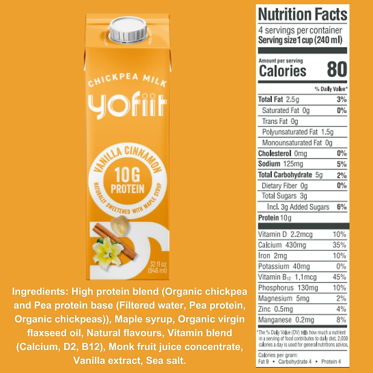 Yofiit Vanilla Cinnamon Plant Based Milk with Pea Protein and Flax - More Protein than Almond Milk - Non Dairy Coffee Creamer, Vegan & Shelf Stable | 10g Protein - 6 Pack