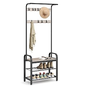 VASAGLE Coat Rack, Hall Tree with Shoe Bench for Entryway, Entryway Bench with Coat Rack, 4-in-1, with 9 Removable Hooks, a Hanging Rod, 13.3 x 28.3 x 72.1 Inches, Greige and Black UHSR40MB