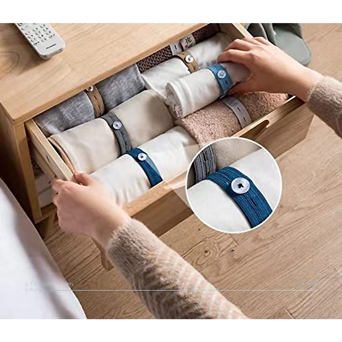 20Pcs Elastic Band with Buttonholes, Stretchable Connectable, Roll-up Clothes Storage Band, Adjustable Clothing Storage Strap with Button, Travel Luggage Space Saver, Drawer & Closet Organizer, Black