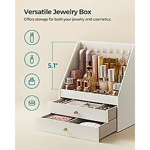 SONGMICS Jewelry Box with Slanted Glass Window, 3-Layer Jewelry Organizer, 2 Drawers, Jewelry Storage, Modern Style, Window Display, Cloud White UJBC163W01