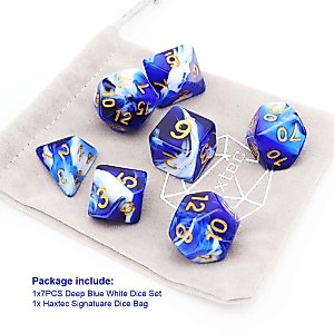 Haxtec Blue White DND Dice Set Swirl Polyhedral D&D Dices for RPG Dungeons and Dragons