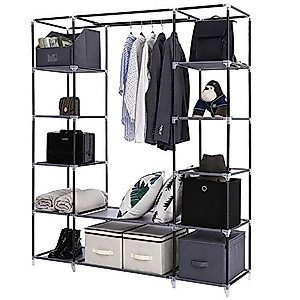 Knocbel 69" Tall Freestanding Closet Organzier Clothes Garment Rack Dustproof & Waterproof Fabric Cover with Storage Shelves & 1 Hanging Rod (Gray)