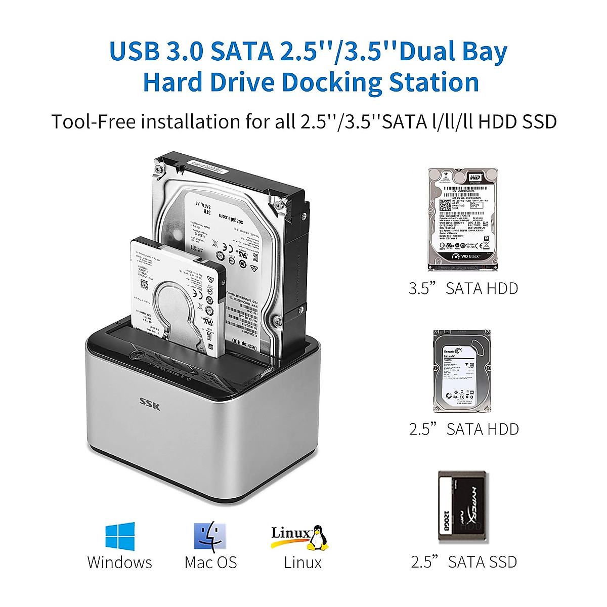 SSK Aluminum Hard Drive Docking Station, USB 3.0 to SATA Dual Bay External HDD Dock Caddy Reader for 2.5 & 3.5 inch SATA HDD SSD, with UASP Offline Cloner/Duplicator Function(2x16TB Supports)