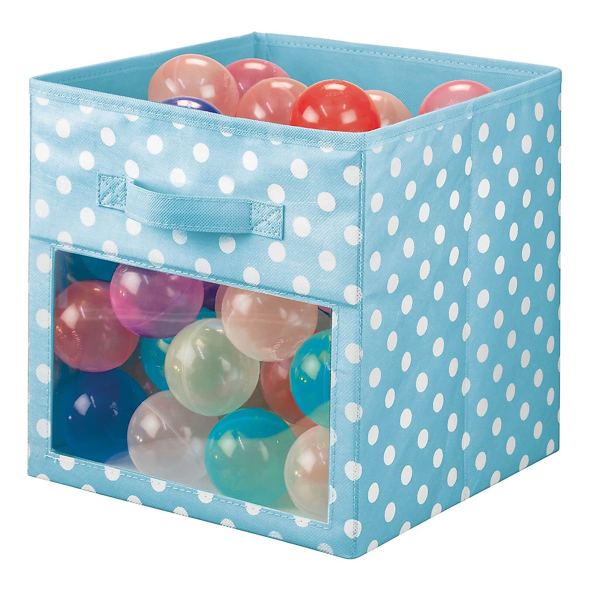 mDesign Fabric Nursery/Playroom Closet Storage Organizer Bin Box, Front Handle/Window for Cube Furniture Shelving Unit, Hold Toys, Clothes, Diapers, Bibs, 2 Pack, Turquoise Blue/White Polka Dot