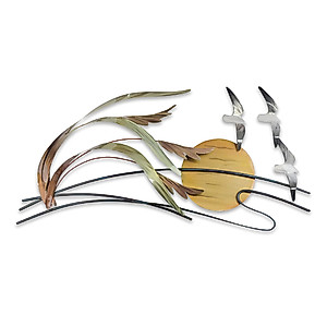 T.I. Design Seagulls and Sea Oats with Sun | Contemporary Coastal Beach Handmade Stainless Steel Metal Wall Decor