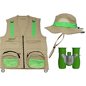 Eagle Eye Explorer Multi-Piece Set Cargo Vest with Reflective Safety Straps, 1 8x21 Magnification Binoculars and Safari Hat for Boys and Girls (Small/Medium, Tan and Green)