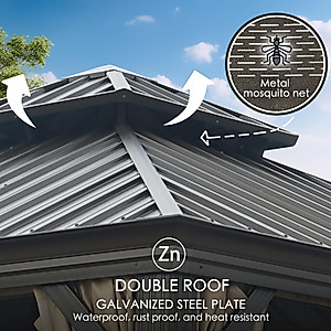 Kozyard Alexander 12' X 16' Hardtop Gazebo, Aluminum Metal Gazebo with Galvanized Steel Double Roof Canopy, Curtain and Netting, Permanent Gazebo Pavilion for Patio, Backyard, Deck, Lawn (Gray)