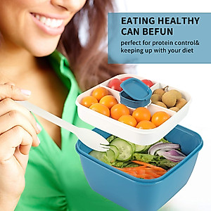 shopwithgreen 52 OZ to Go Salad Container Lunch Container, BPA-Free, 3-Compartment for Salad Toppings and Snacks, Salad Bowl with Dressing Container, Built-in Reusable spoon, Microwave Safe