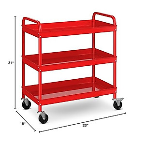 Goplus Service Cart, Heavy Duty 3-Tier Utility Cart with Flat Handle, 2 Lockable Universal Wheel, 400 lbs Capacity, Rolling Tool Cart for Garage, Kitchen, Hotel, Office, Workshop, Restaurant