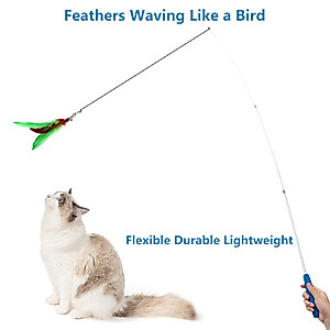 Cat Toys Feathers Wand, Interactive Cat Toy Kitten Toys 2 Retractable Cat Wand Toy and 7 Feather Teaser Refills with bells, Telescopic Cat Fishing Pole Toy for Indoor Bored Cats Gifts Exercise Pack