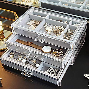 Acrylic Jewelry Box 3 Drawers, Velvet Jewellery Organizer, Earring Rings Necklaces Bracelets Display Case Gift for Women, Girls