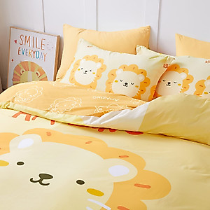 SAPHREAS Lion Kids Duvet Cover Set Twin Size 4pcs with Fitted Sheet Yellow Cute Animal Cartoon Pattern Comforter Cover Set 100% Cotton Quilt Cover 1pc Fitted Sheet 1pc Pillow Shams 2pcs(No Comforter)