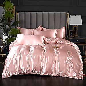 Light Pink Silk Like Satin Bedding Set Full Women Girls Duvet Cover Set Luxury Soft Comforter Cover Adults Bedroom Decor Chic Luxurious Silky Bedspread Cover Zipper (1 Duvet Cover + 2 Pillow Case)