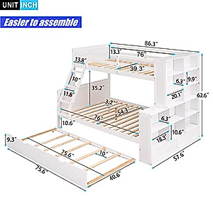 SNIFIT Upgraded Version & Stronger Solid Wood Convertible Bunk Bed Twin Over Full with Trundle & Storage Shelves, Thickened More Stable Wooden Twin Over Full Size Bunk Bed (Easier Assembly) (White)