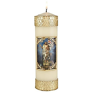Risen Christ Prayer Candle, Artisanal Church Decoration Supplies, Serenity Jesus Pillar Candles Hand Decorated Metallic Gold Tone Wax with Colored Image, 7.75 Inches