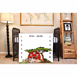 LUCKBTY Farm Animals Baby Monthly Milestone Blankets Soft Forest Red House Memory Blankets Girls Boys Cute Cartoon Photo Background Blankets 48"x48" BTZDLU122