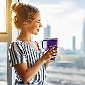Personalized Travel Mug with Handle and Name Purple Matte Finish Custom Laser Engraved 20 oz Stainless Steel Vacuum Insulated Coffee Cup with Lid