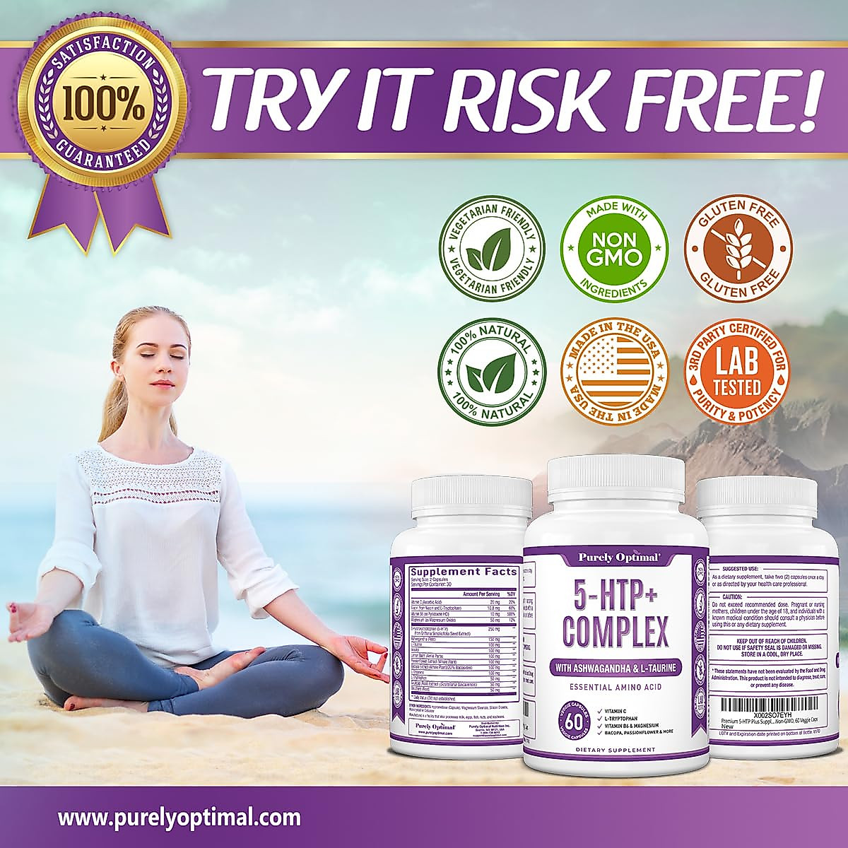 Purely Optimal Premium 5-HTP Plus Supplement 250mg Maximum Strength - Enhanced with Vitamin B6, Gluten Free, Non-GMO, 60 Veggie Caps