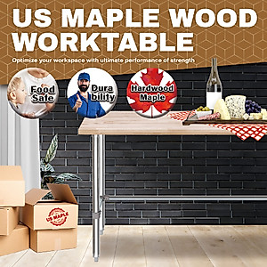 US Maple Top Work Table - 30 x 72 x 35 Inch Commercial Butcher Block Wooden Workbench with Open Base Stabilizing Leg Cross Braces - Fits Restaurant, Warehouse, Home, Kitchen, Garage by DuraSteel