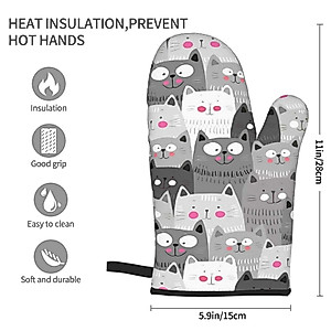 Ouqiuwa Hipster Cartoon Cute Cat Kitten Gray Oven Mitt/Glove for Easy Gripping Set of 2 Kitchen Accessories