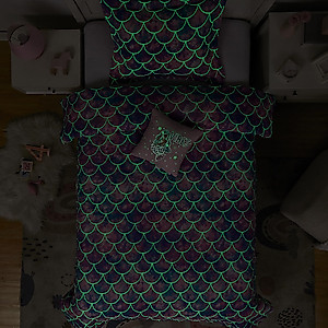 Kaleido Space Kids Comforter Set Twin Size for Girls, Glow in The Dark Mermaid Bedding Set 1 Comforter, 1 Decor Pillow, 1 Pillow Shams