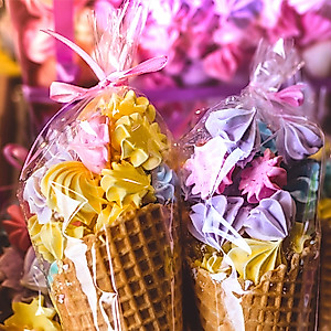 Morepack Cone Treat Bags, 100Pcs, 7x15 Inches, Clear Cellophane, with Twist Ties, for Treats, Popcorn, Candy, Party Favors