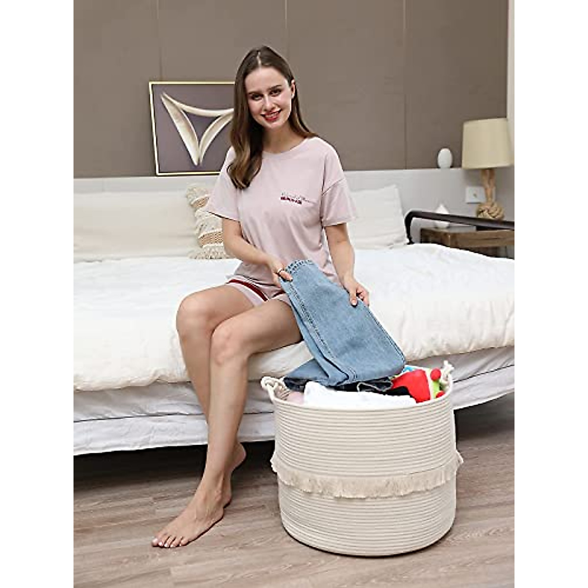 18" x 15" Large Woven Storage Baskets, Cotton Rope Decorative Hamper for Clothes, Blankets, and Laundry, Cute Tassel Decor - Home Storage Container - All White