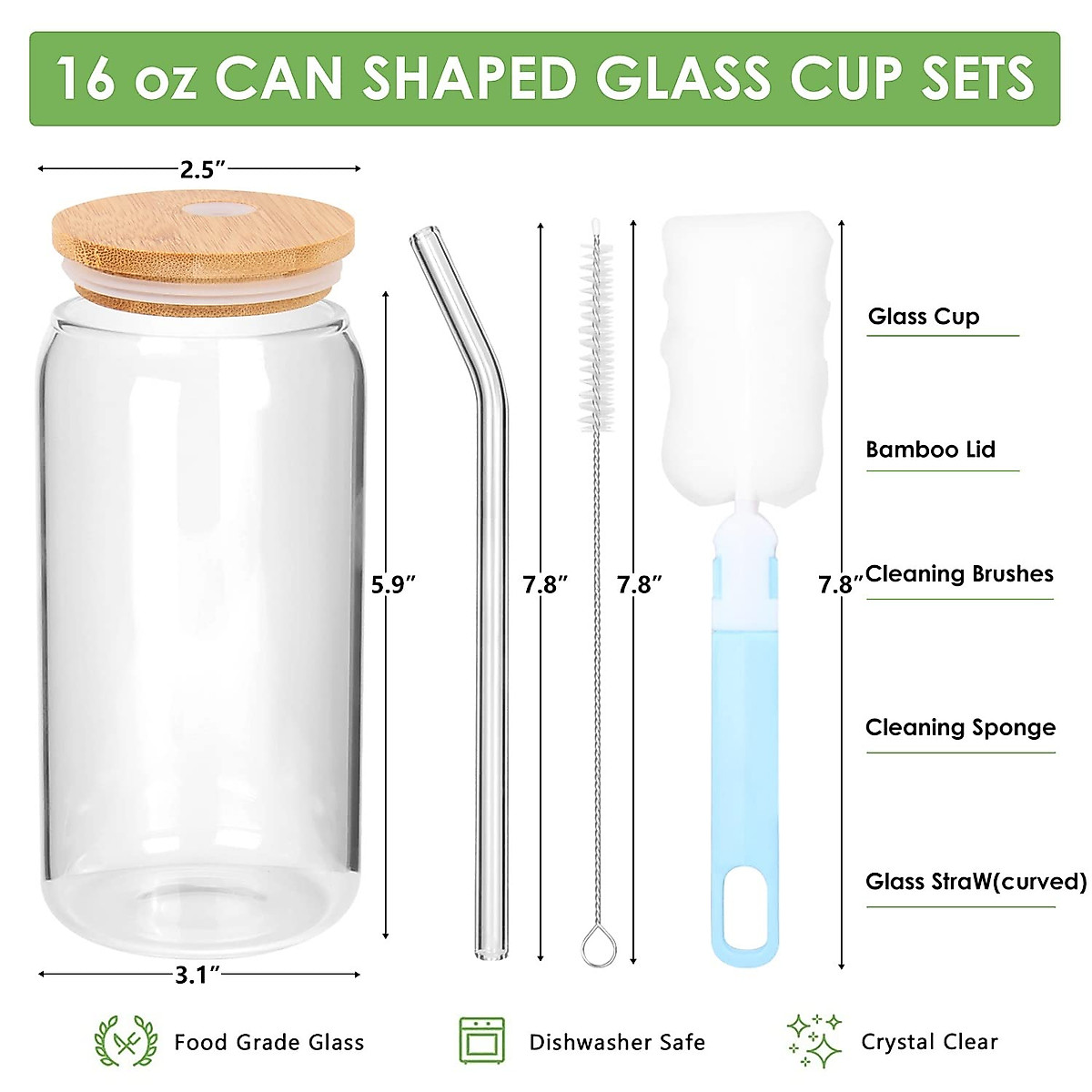 2Pack 16OZ Glass Cups with Lids and Straws ，Smoothie Cup Glass Tumbler with Straw and Lid,Iced Coffee Cup with Lids and Glass Straws ，for Coffee Bar Accessories，Juice, Boba, Smoothie, Tea, Kombucha