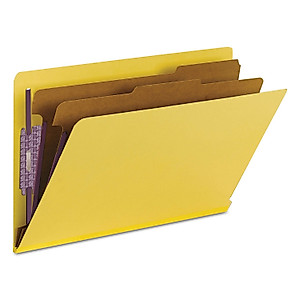 Smead 100% Recycled End Tab Pressboard Classification File Folder with SafeSHIELD Fasteners, 2 Dividers, 2" Expansion, Legal Size, Yellow, 10 per Box (29789)