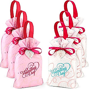 Valentines Gift Bags - Set of 6 Fabric Drawstring Gift Bags | Valentines Bags with Gift Tags | Small Gift Bags or Medium Treat Bags | Gift Bags for Valentines Gifts | Reusable Bag, Fabric Gift Bags (Pink)