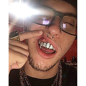 canjoyn 18K Gold Plated All Iced Out Luxury Cubic Zirconia Face Diamond Gold Teeth Grillz Set with Molding Bars Included for Men Women