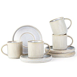famiware Star Espresso Cups and Saucers Set of 4, [ Mini ] 3 oz Ceramic Small Coffee Mug with Handle, Ribbed Stoneware Demitasse Cup for Tea, Latte - Microwave & Dishwasher Safe - Cappuccino White