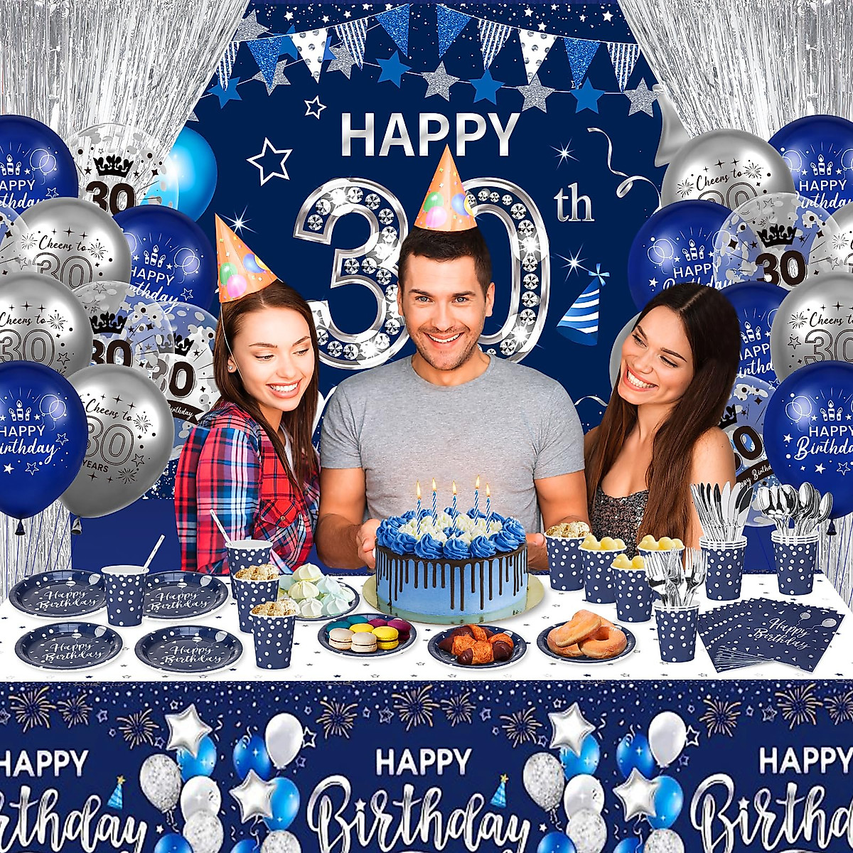 30th Birthday Decorations for Men and Women, 131 PCS Navy Blue Silver 30th Birthday Party Supplies Includes Blue Happy 30th Birthday Banner Balloons Napkins Cups Tablecloth Plates Foil Backdrops for