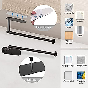 sungwoo Thickened Steel Paper Towel Holders Under Cabinet for Kitchen, Bathroom, SUS304 Stainless Steel Pipe Hanging Paper Towel Rack Wall Mount, Self-Adhesive and Screws, Black