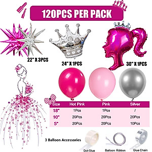 ECEAE Hot Pink and Silver Balloon Garland Kit 120 Pcs Pink Crow doll Balloons Set for Princess, Cowgirl, Disco Themes Perfect for Girls, Women, Adult Celebrations Birthdays Baby Showers decoration