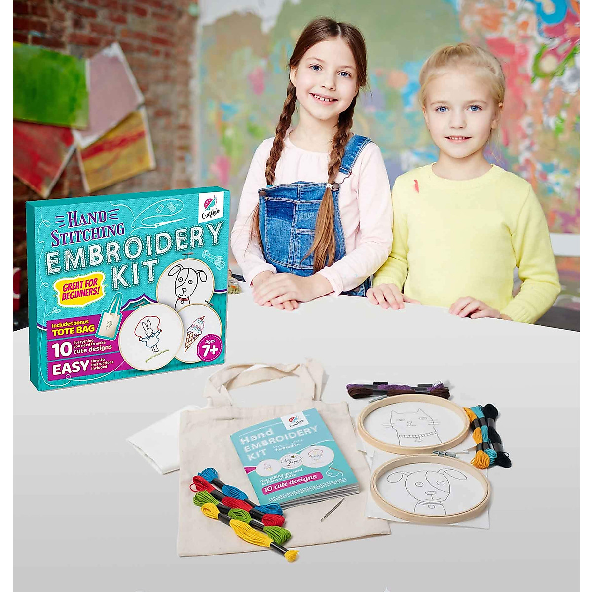 CraftLab Embroidery Sewing Kit for Beginners, Kids Craft Kit Gift for Girls Boys Ages 8-12, 10 Projects, Embroidery Hoops, Fabric, Patterns, Floss, Needles, Needlepoint Cross Stitching Supplies