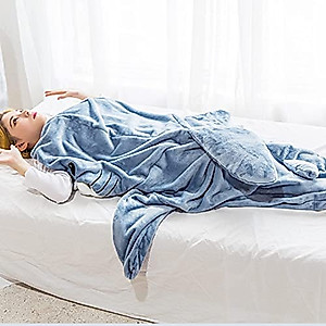 Shark Blanket Adult, Shark Wearable Blanket Hoodie, Soft Cozy Flannel Hoodie Sleeping Bag Shark Tail Wearable Fleece Throw Blanket for Kids Adults Boys Girls (83x35.5 inches/210x90 cm)