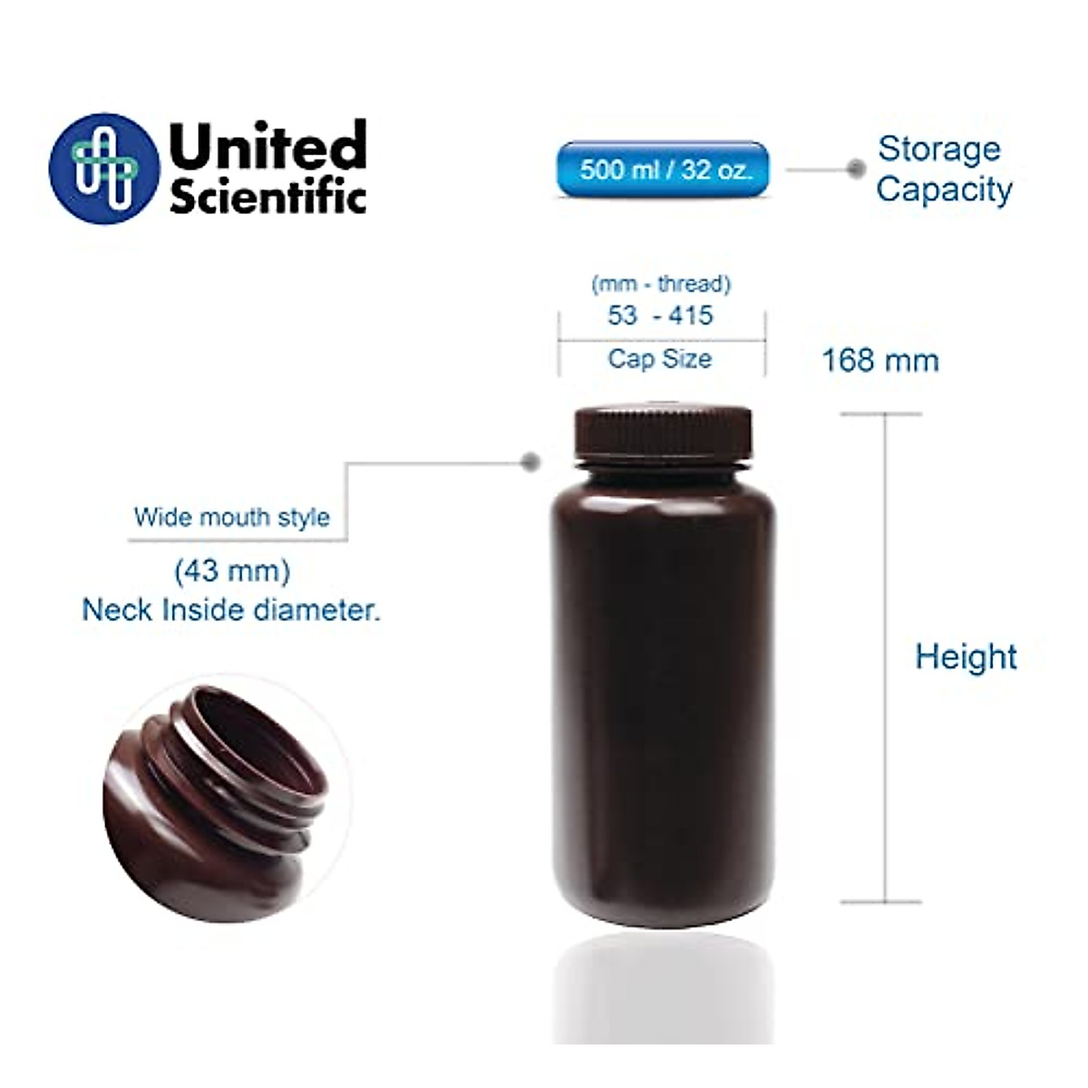 United Scientific™ 33465 | Laboratory Grade HDPE Wide Mouth Amber Reagent Bottle | Designed for Laboratories, Classrooms, or Storage at Home | 500ml (16oz) Capacity | Pack of 12