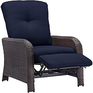 Cambridge Recliner Corrolla Outdoor Luxury Patio Rust Resistant Powder Coated Steel Frames, Handwoven Brown Resin Wicker, and Thick Plush Foam Cushions in Navy